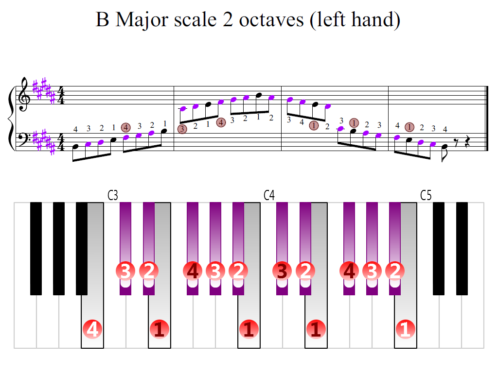 B Major Scale 2 Octaves left Hand Piano Fingering Figures