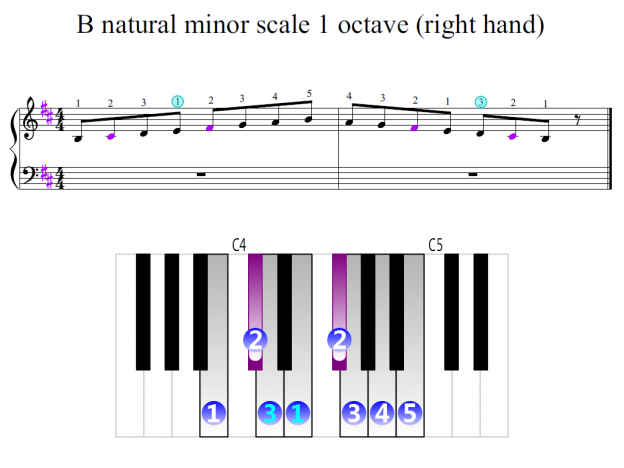 B natural minor scale 1 octave (right hand) | Piano Fingering Figures